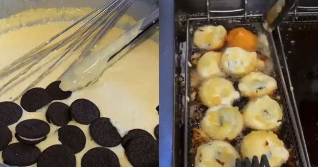 Galletas Oreo rebozadas, fritas y con azúcar y sirope por encima ...